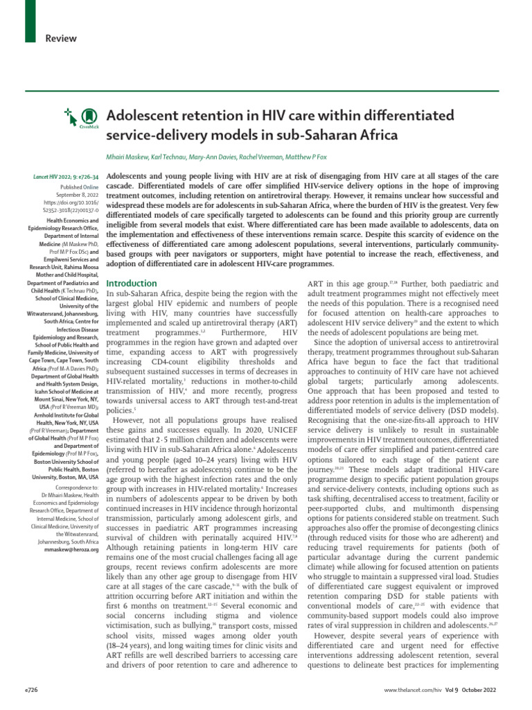 Adolescent Retention in HIV Care Within DSD Models in SSA | PDF
