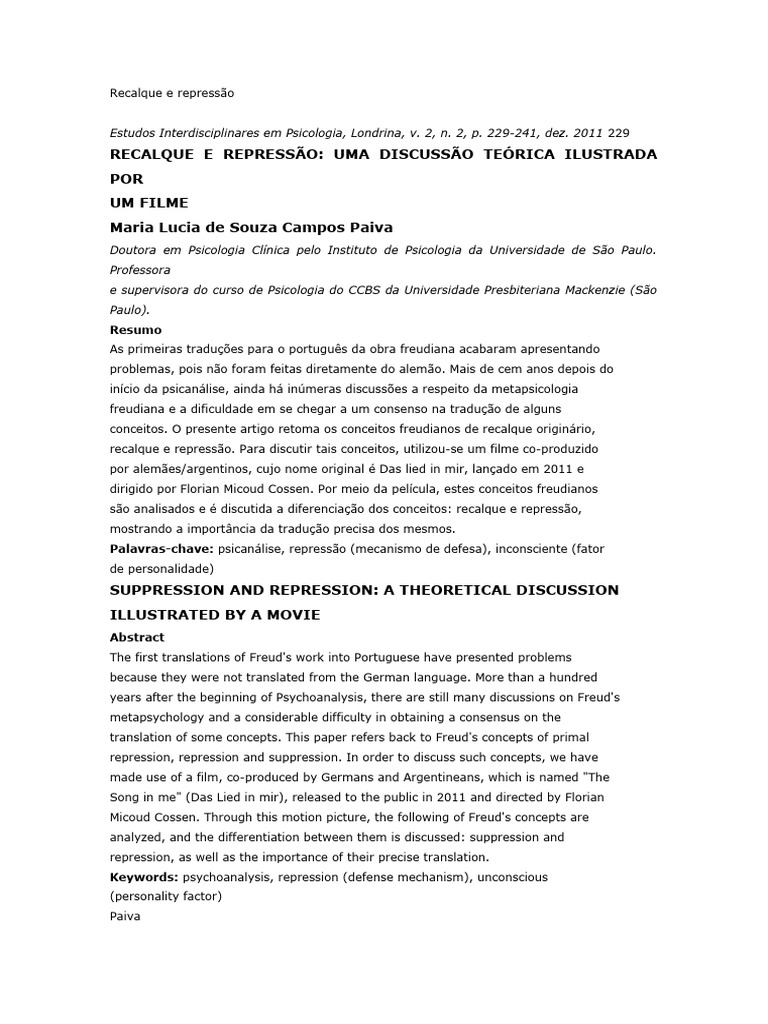 A Psicanalise - Recalque e Repressão | PDF | Sigmund Freud | Autoimagem
