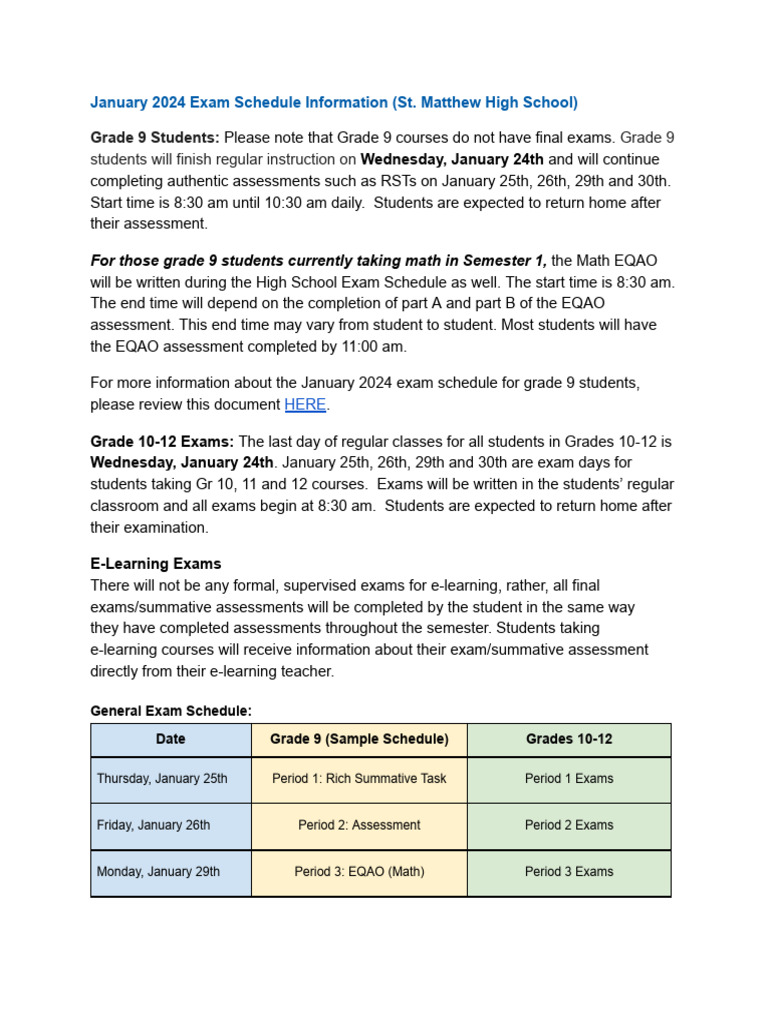 St. Matthew High School January 2024 Exam Schedule Information | PDF