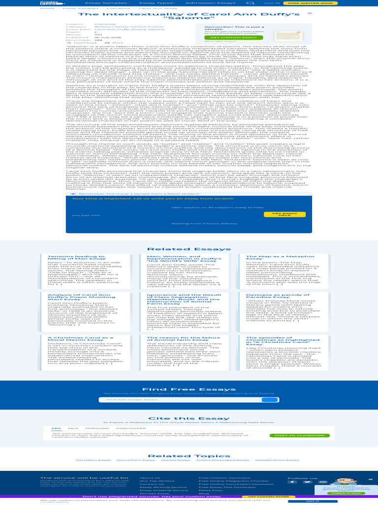 The Intertextuality of Carol Ann Duffy's "Salome" (Essay Example), 1011 ...