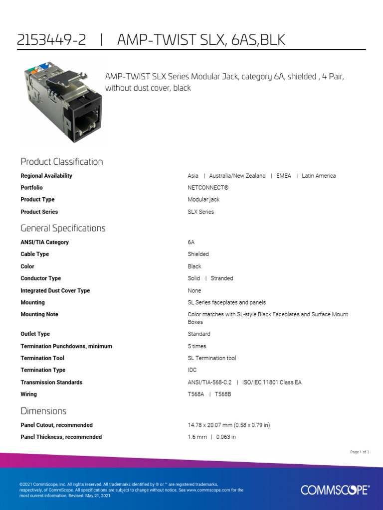 Commscope Cat6A Modular Jack, Shielded 2153449-4 | PDF