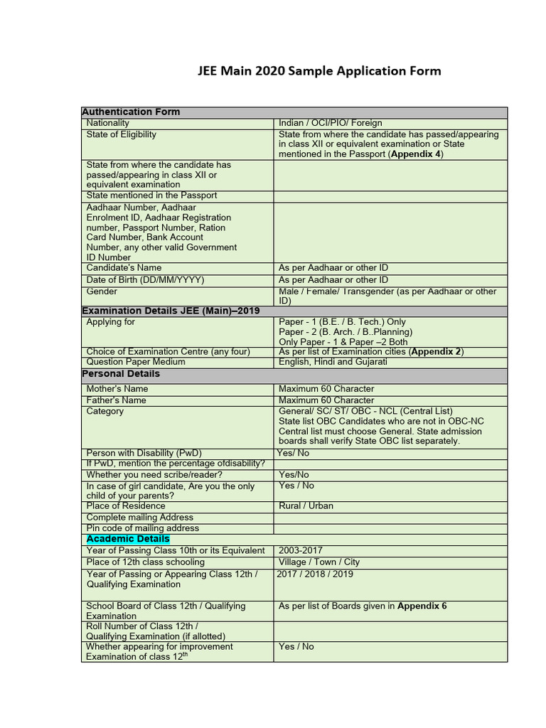 JEE Main 2020 Sample Application Form | PDF