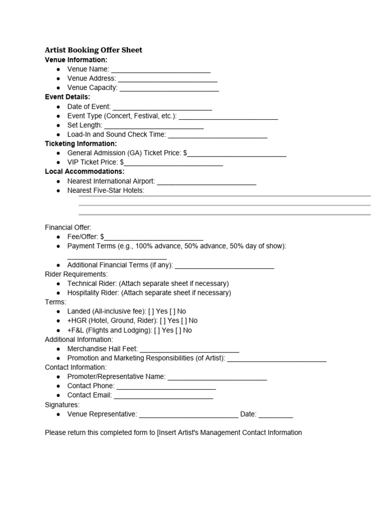 Artist Booking Offer Sheet Template | PDF | Business