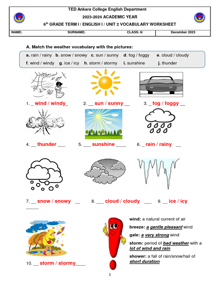 English 1 - Unit 2 Vocabulary Worksheet - Key | PDF | Rain | Celsius