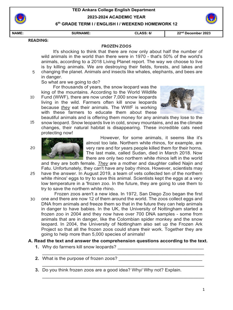 English 1 - Weekend Homework 12 | PDF | Zoo