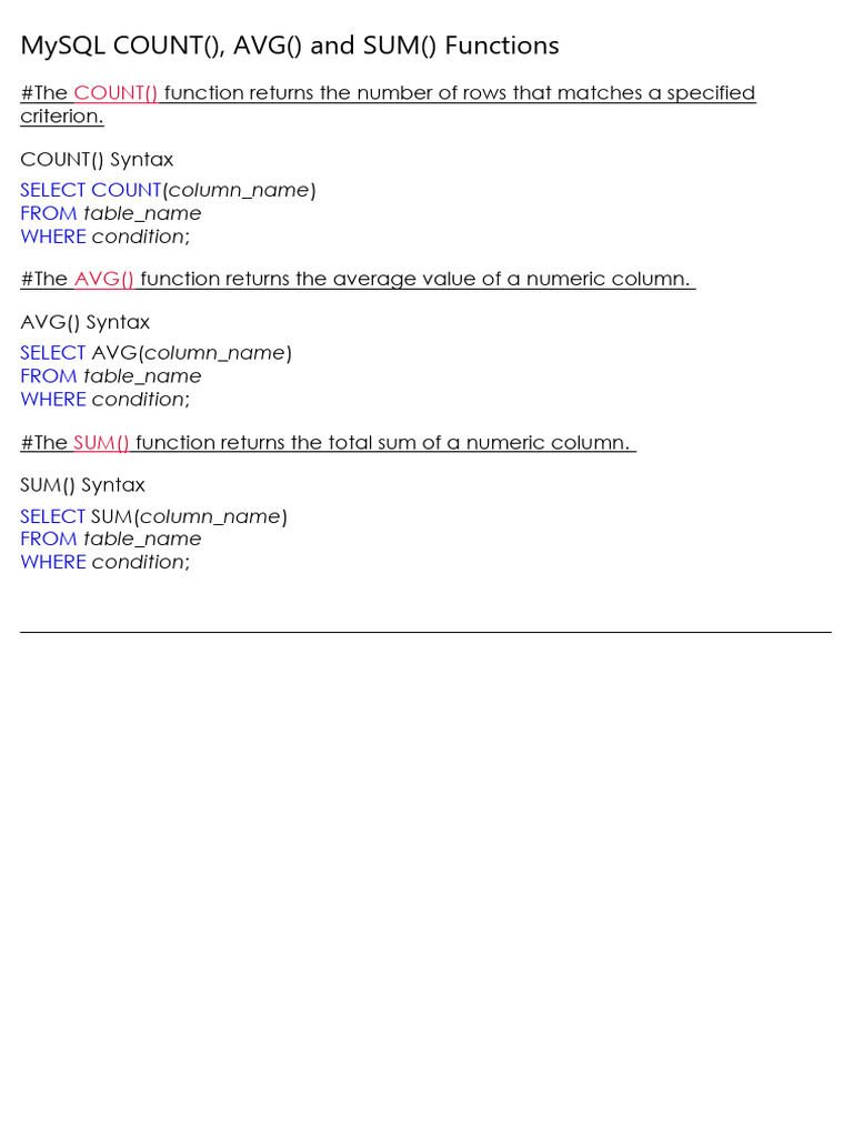SQL Avg Count Sum | PDF