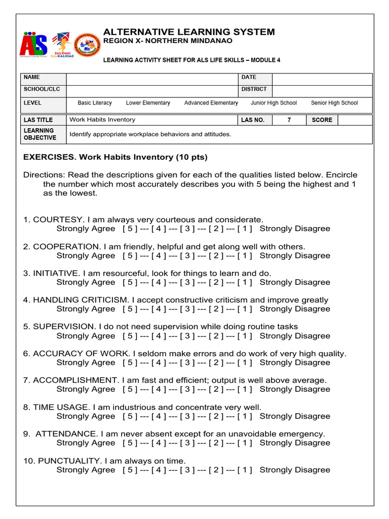 DLP Life Skills Mod4 LAS7 Work Habits Inventory | PDF DLP Life Skills Mod4 LAS7 Work Habits Inventory | PDF