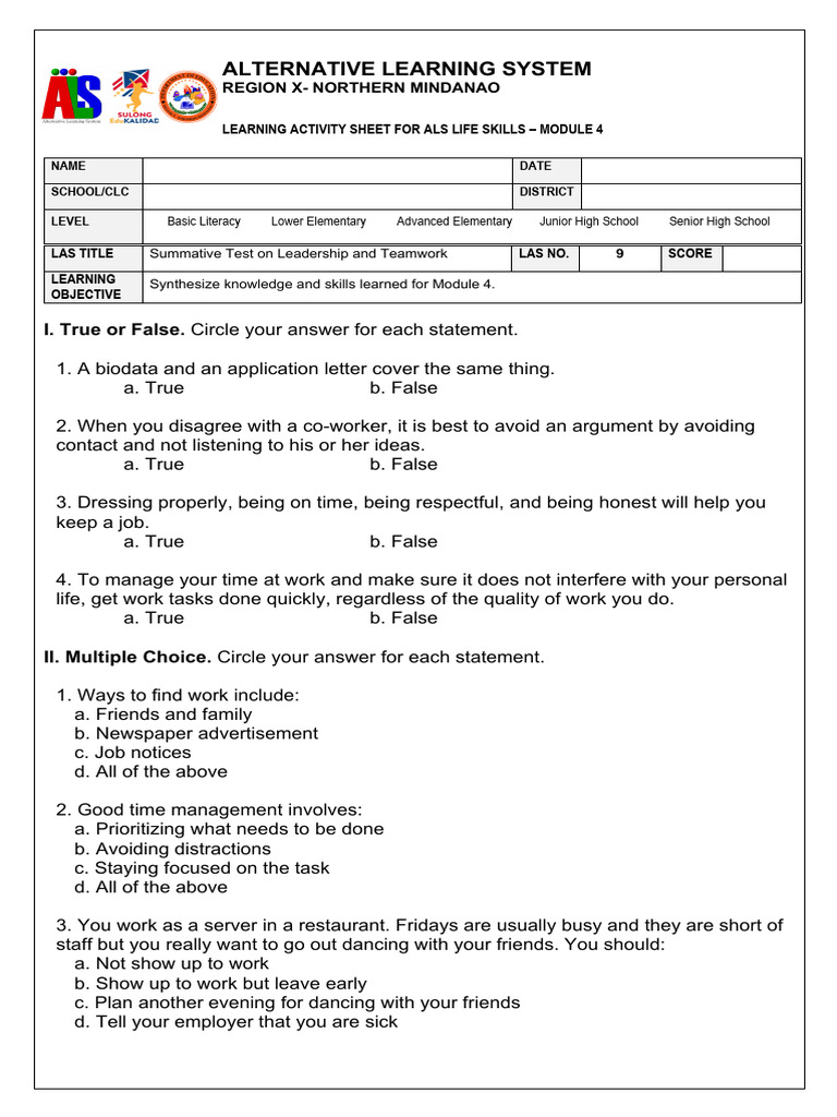 DLP Life Skills Mod4 LAS9 Summative Test On Work Habits and Conduct | PDF