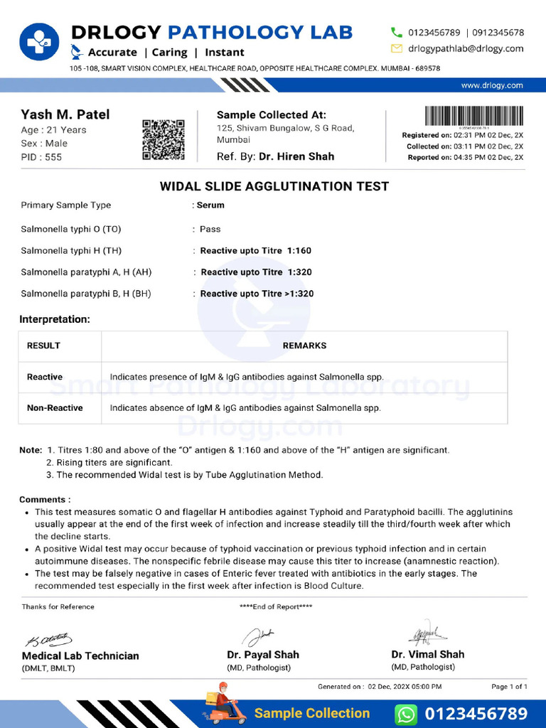 Widal Test Report Format Example Sample Template Drlogy Lab Report | PDF