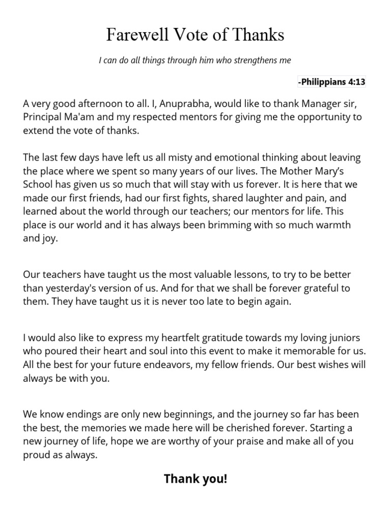 Vote of Thanks - Farewell | PDF