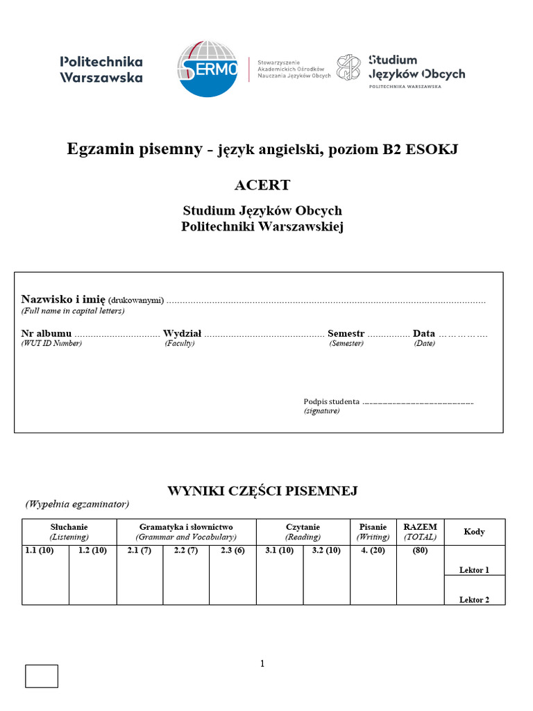 Acert B2 Mock Exam | PDF