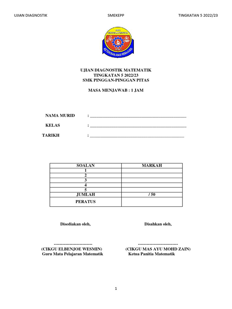 Ujian Diagnostik Matematik T52022 | PDF