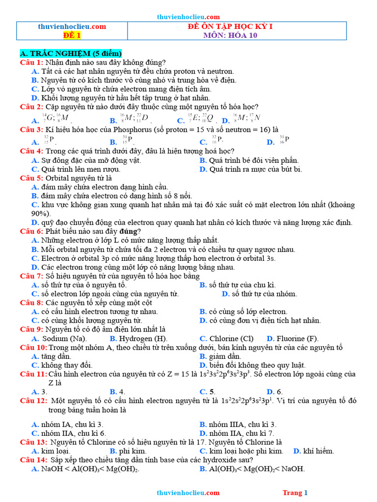 10 de Kiem Tra HK1 Hoa 10 | PDF