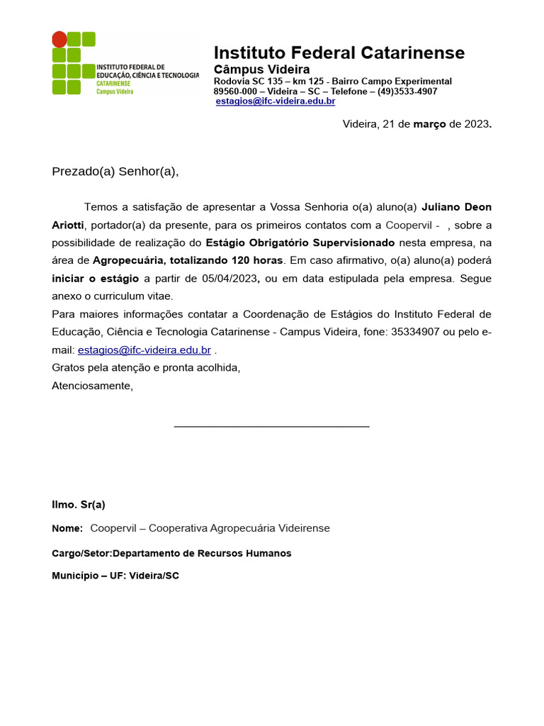 Modelo Carta De Solicitação De Estágio Pdf
