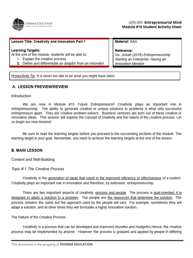 GEN 009 Module 15 SAS | PDF | Entrepreneurship | Creativity