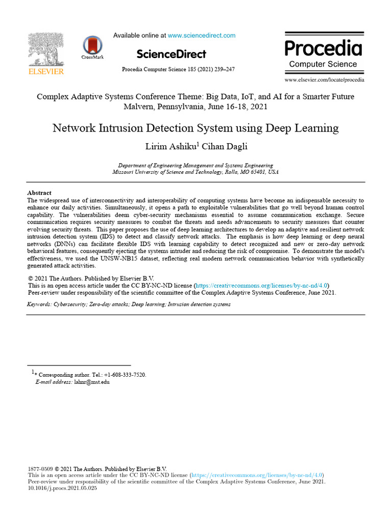 Network Intrusion Detection System Using Deep Learning | PDF | Computers
