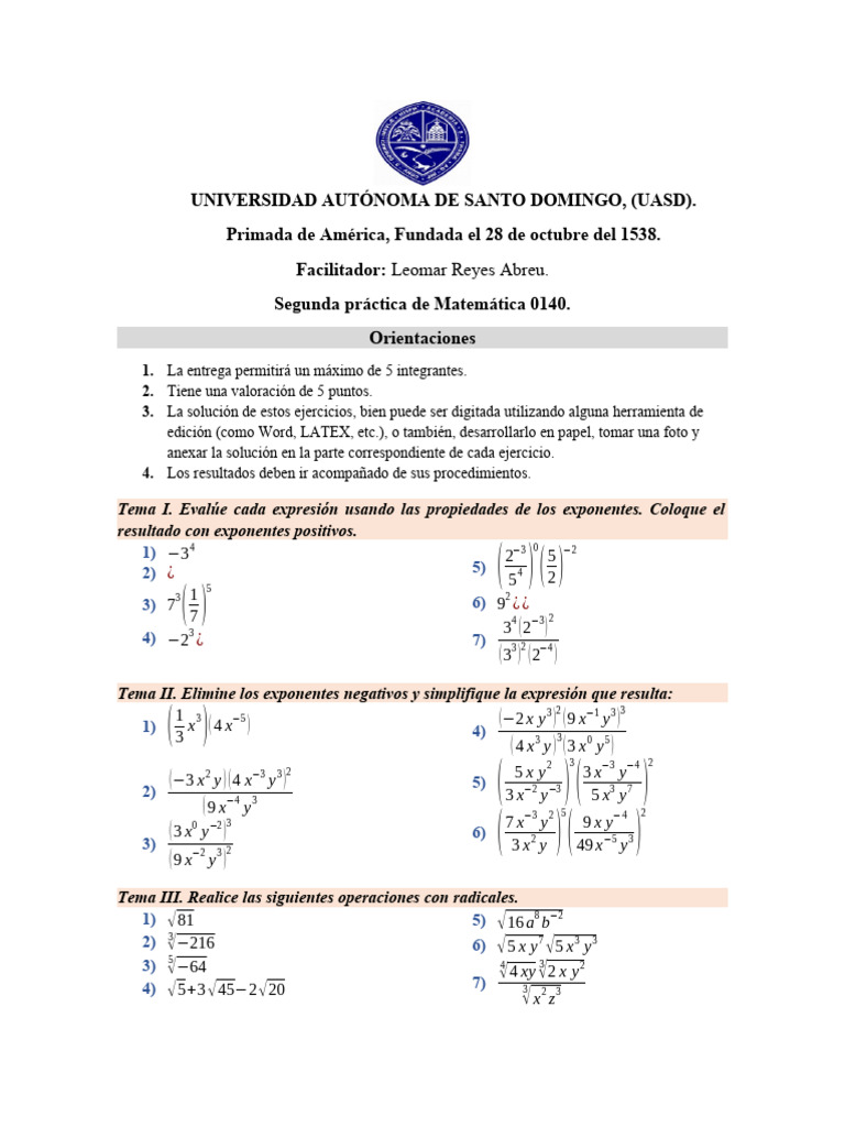 2da Segunda Practica de Matematica 0140. UASD | PDF | Matemáticas