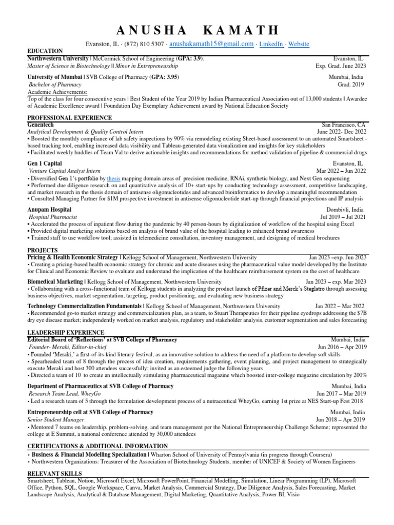 Anusha Kamath-Resume | PDF | Pharmacy | Business
