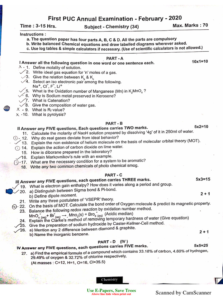 1st Puc Chemistry Annual Exam Question Paper Eng Version 2019-20 | PDF ...