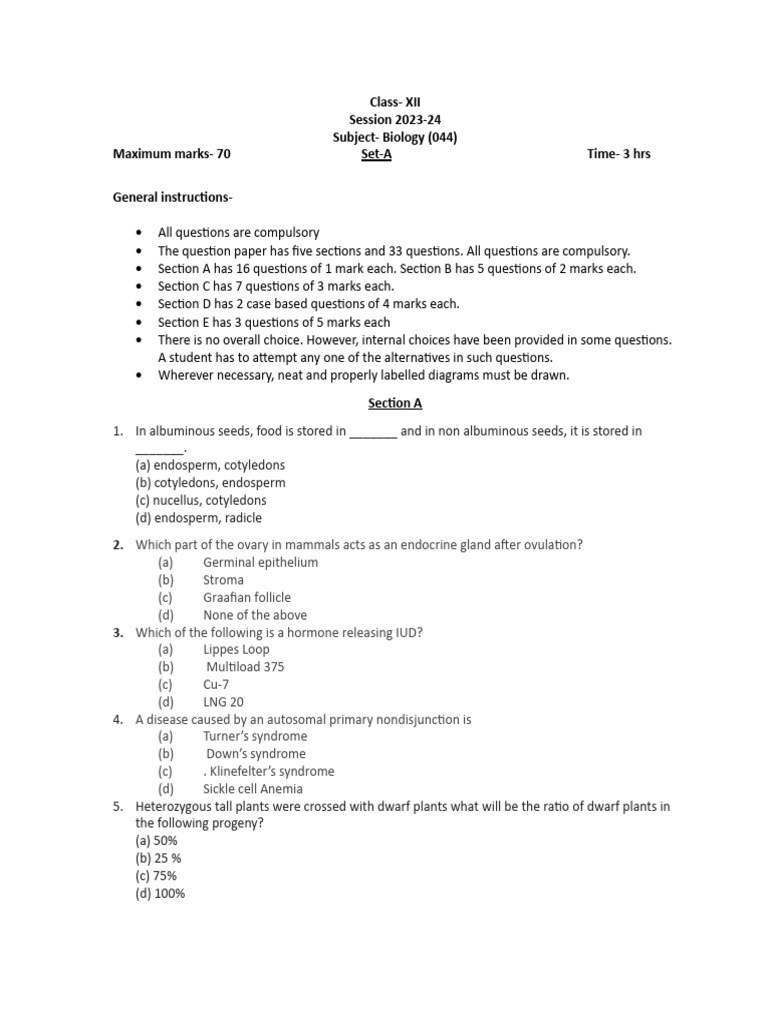 12th Bio Preboard 1 2023-24 | PDF