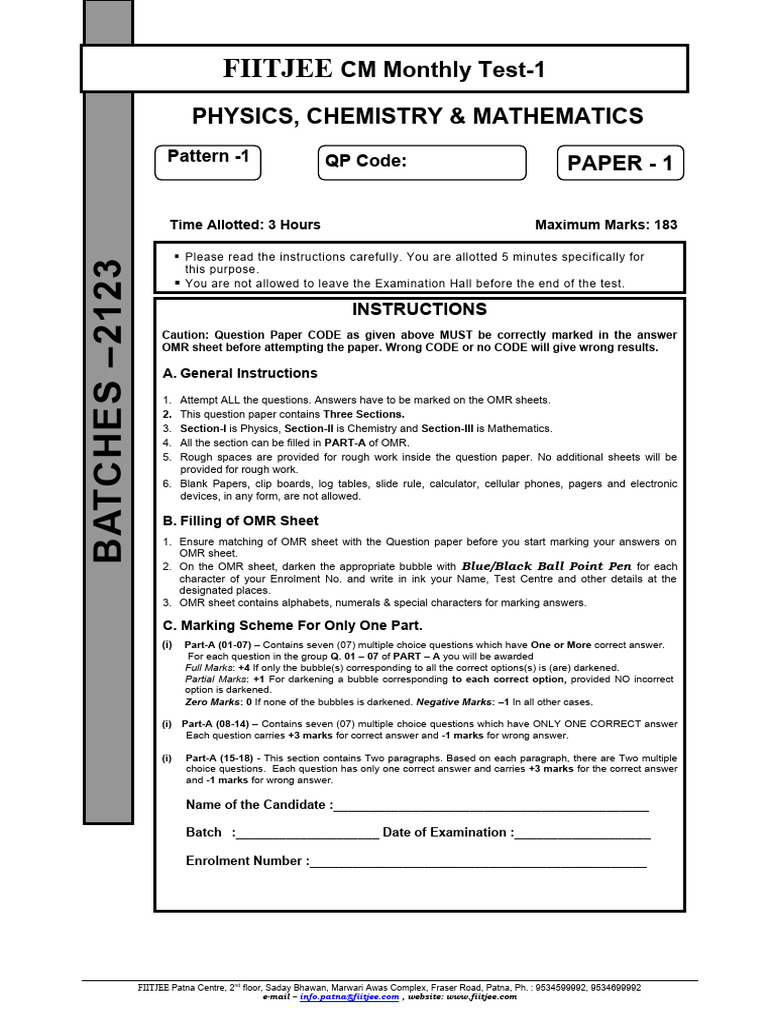 CM-XII - 2123 - CM Monthly Test-1 - Final | PDF
