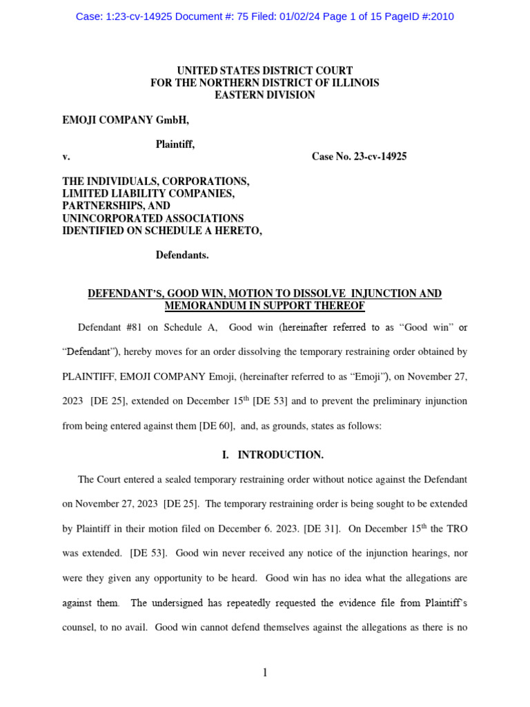 Motion to Dissolve Injunction by Good Win | PDF | Injunction | Legal Remedy