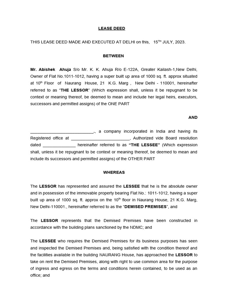 LEASE DEED - Naurang House (Mr. Ahuja) | PDF