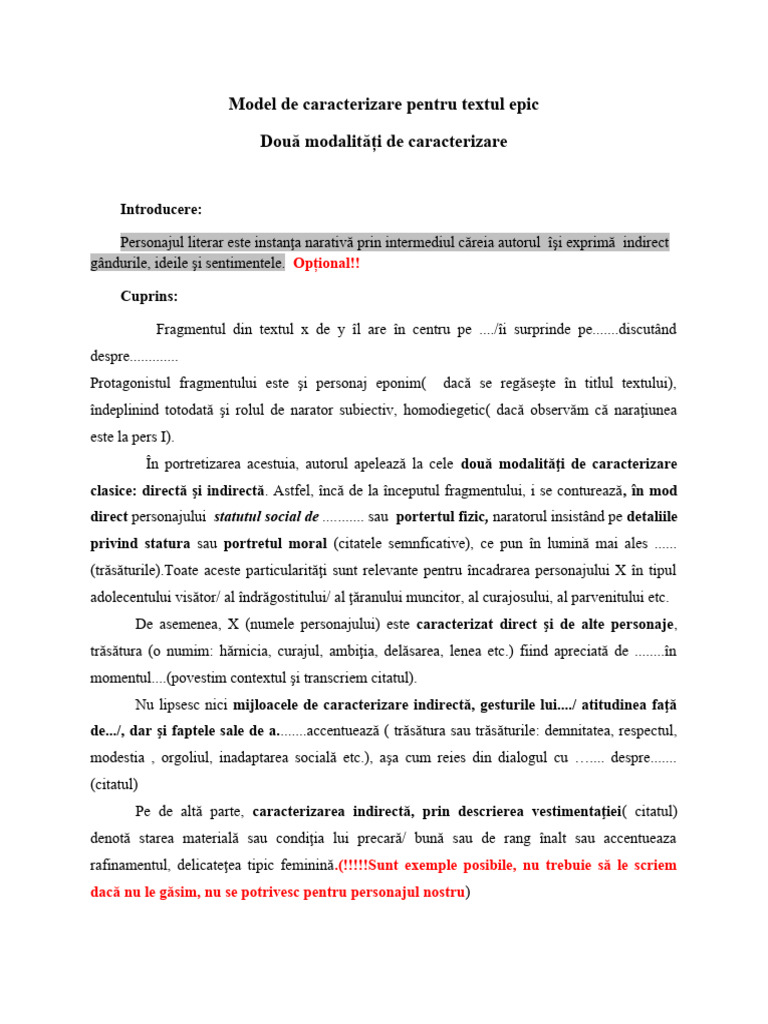 Caracterizarea Personajului Model Bacalaureat 2024 Caracterizare