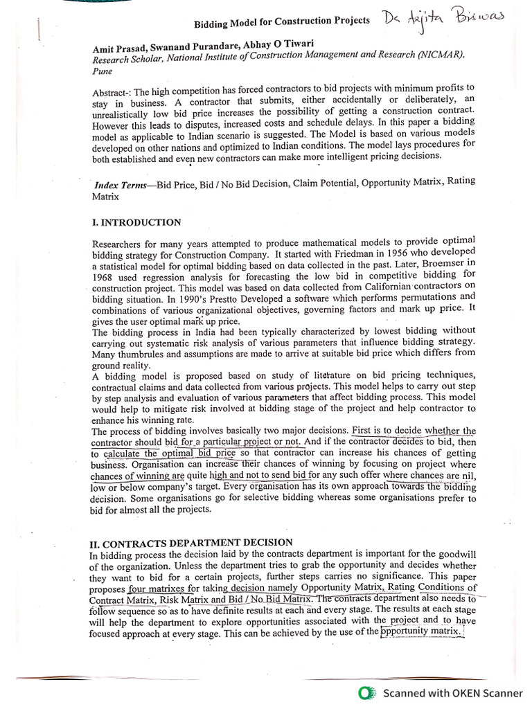 Bidding model for construction projects- Amit Prasad | PDF