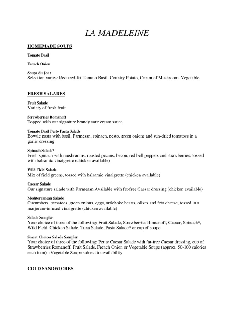 La Madeleine Menu | PDF | Pesto | Salad