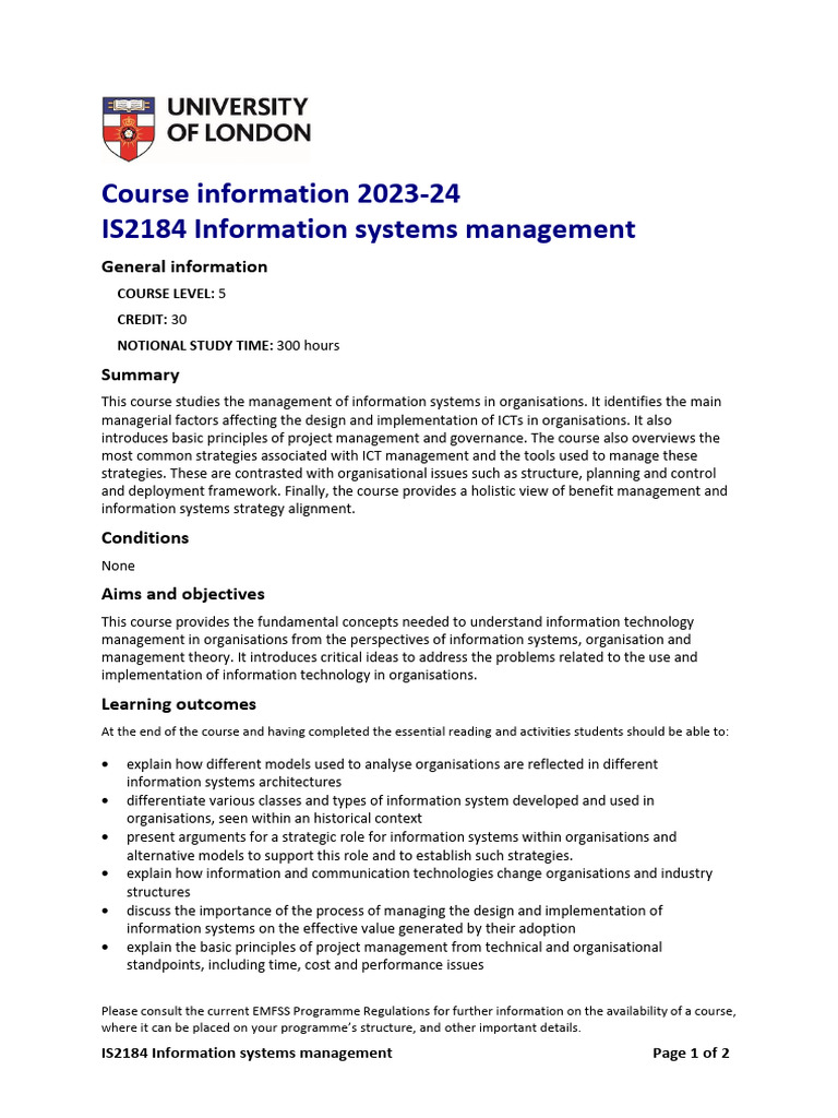 IS2184 Information Systems Management | PDF