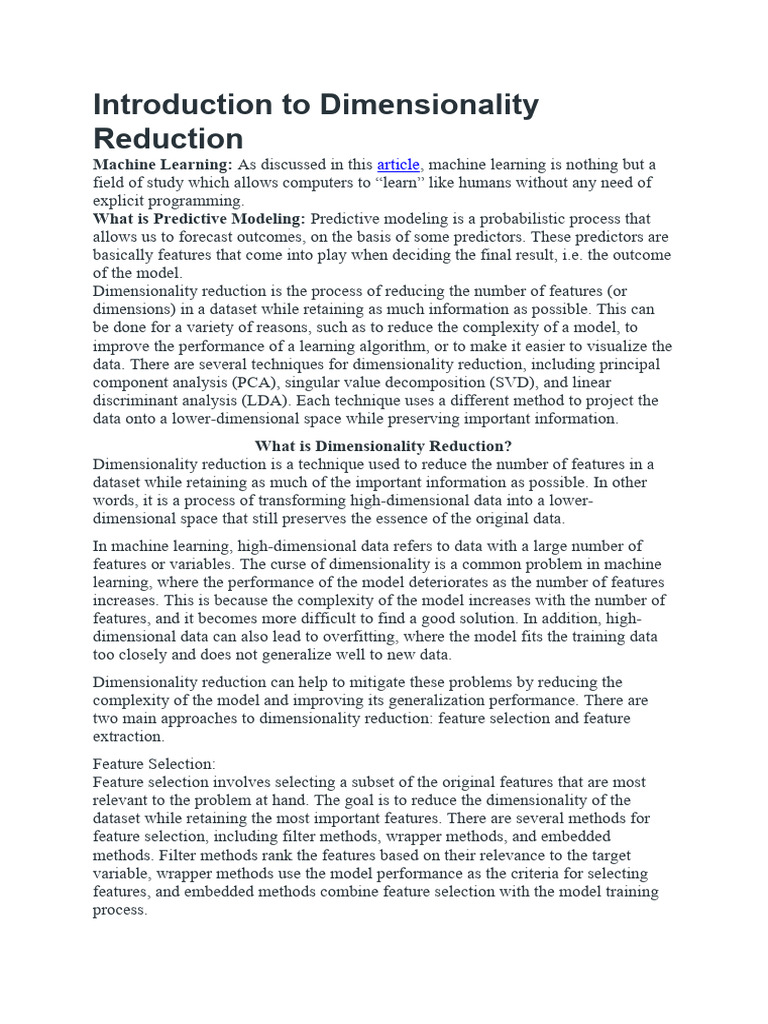 Introduction To Dimensionality Reduction | PDF | Principal Component Analysis | Machine Learning