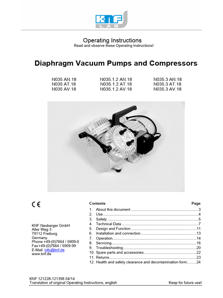 Diaphragm Vacuum Pumps and Compressors: Operating Instructions | PDF ...