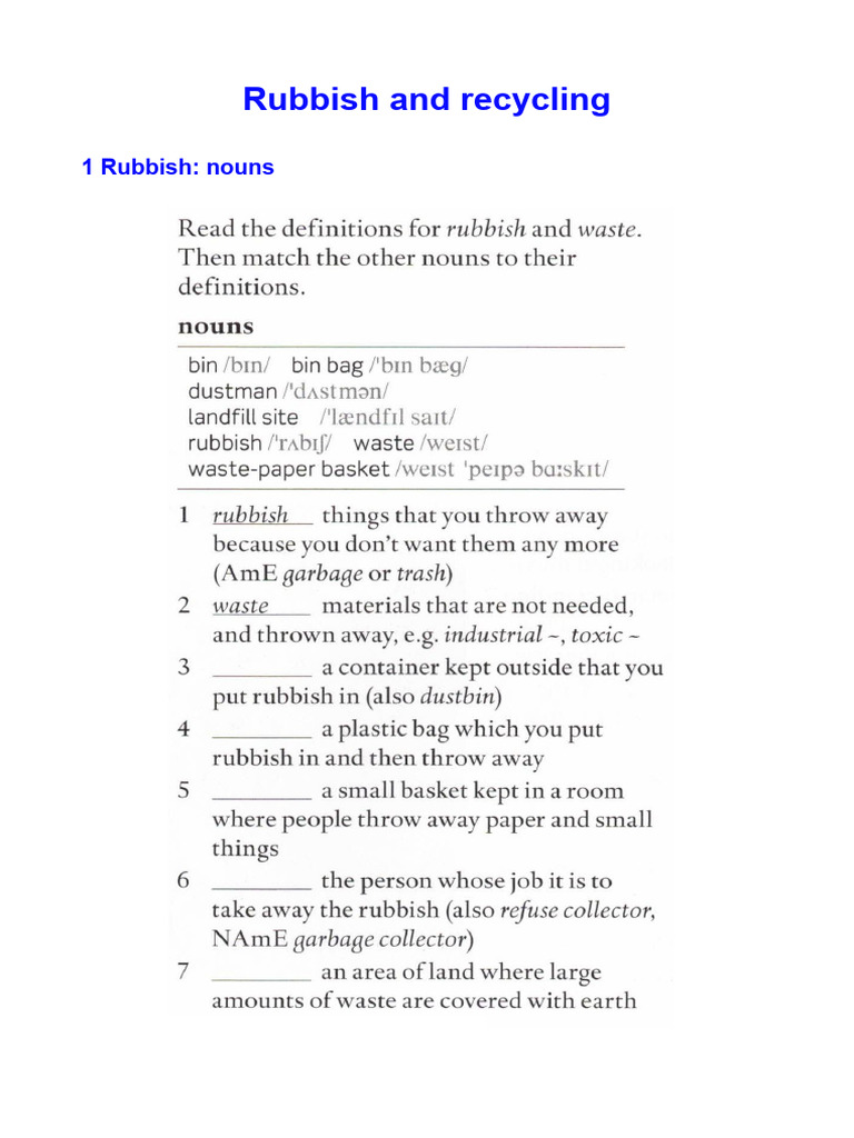VOCABULARY - Rubbish and Recycling | PDF