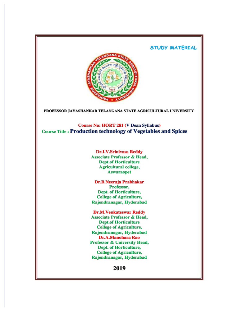 AgriStudyHub - HORT 281 - Production Technology of Vegetables and ...