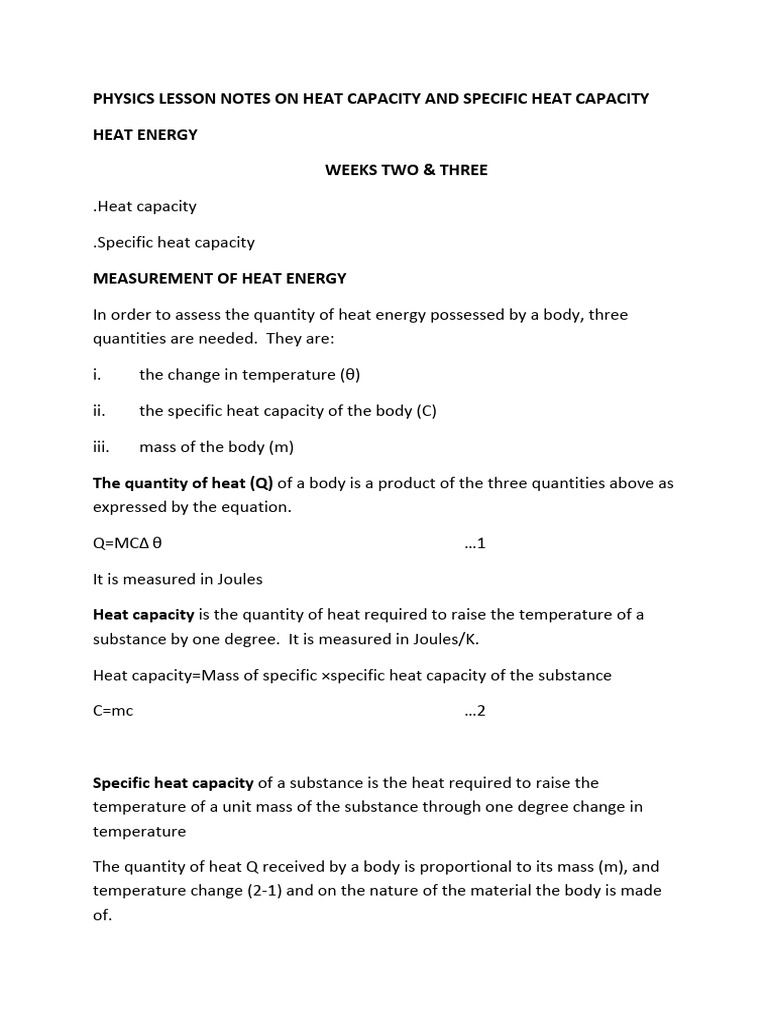 Physics Lesson Notes On Heat Capacity and Specific Heat Capacity | PDF ...