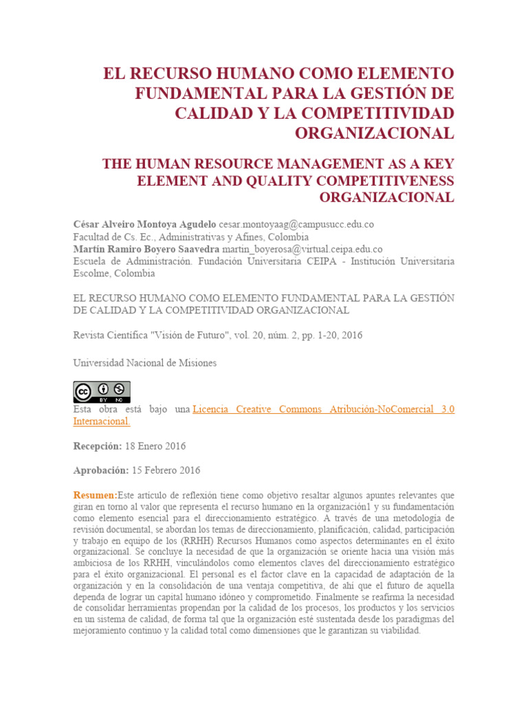 El Recurso Humano Como Elemento Fundamental para La Gestión de Calidad y La Competitividad ...