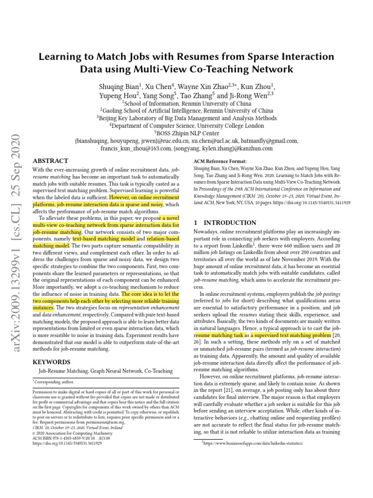 Learning To Match Jobs With Resumes From Sparse Interaction | PDF