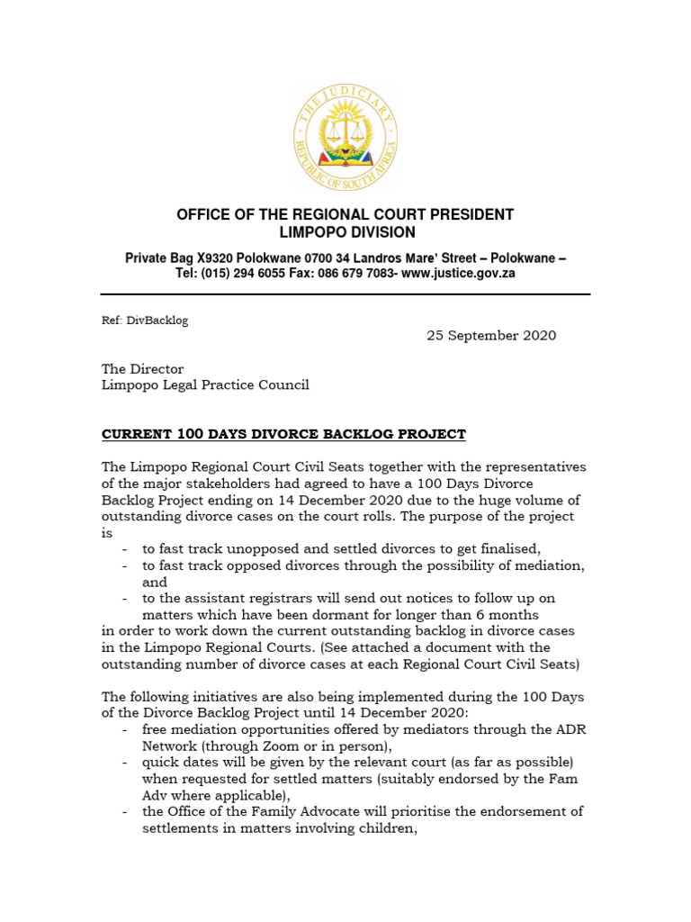 100 Days Divorce Backlog Project Limpopo | PDF