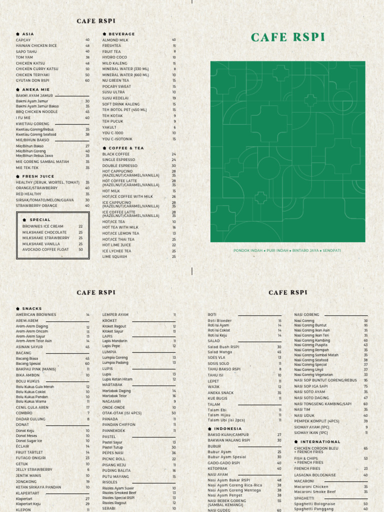 Menu Cafe RSPI 2022 | PDF | Cuisine | Southeast Asian Cuisine