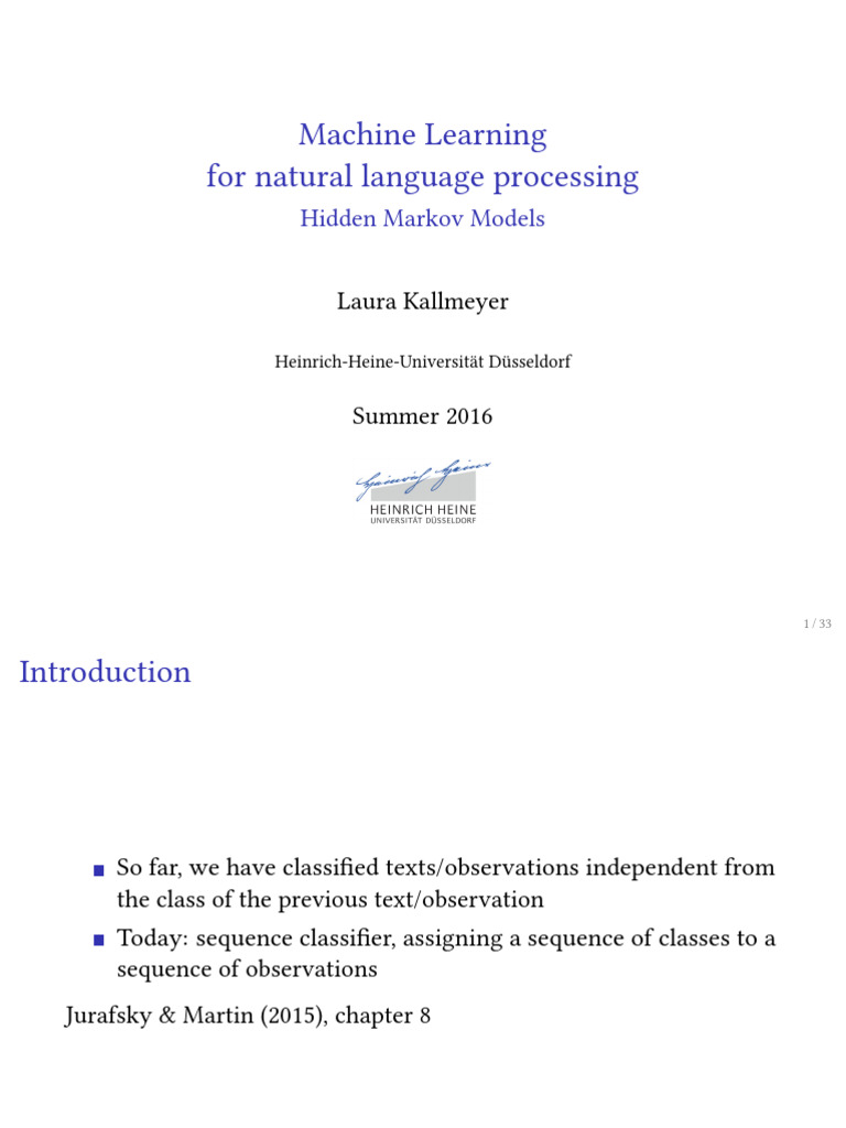 Machine Learning For Natural Language Processing: Hidden Markov Models | PDF | Markov Chain ...