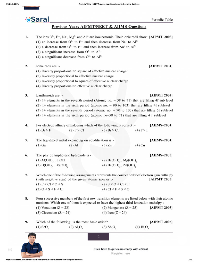 Periodic Table - NEET Previous Year Questions With Complete Solutions | PDF Periodic Table - NEET Previous Year Questions With Complete Solutions | PDF