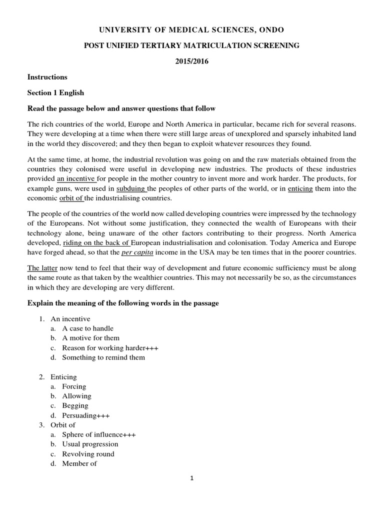 UNIMED Post UTME Past Questions PDF | PDF