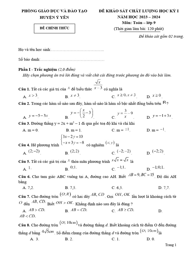 Đề + Hdc t9 Hki 23 - 24 | PDF