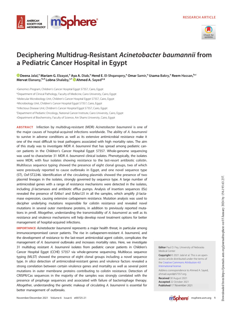 Diab Et Al 2021 Deciphering Multidrug Resistant Acinetobacter Baumannii From A Pediatric Cancer ...