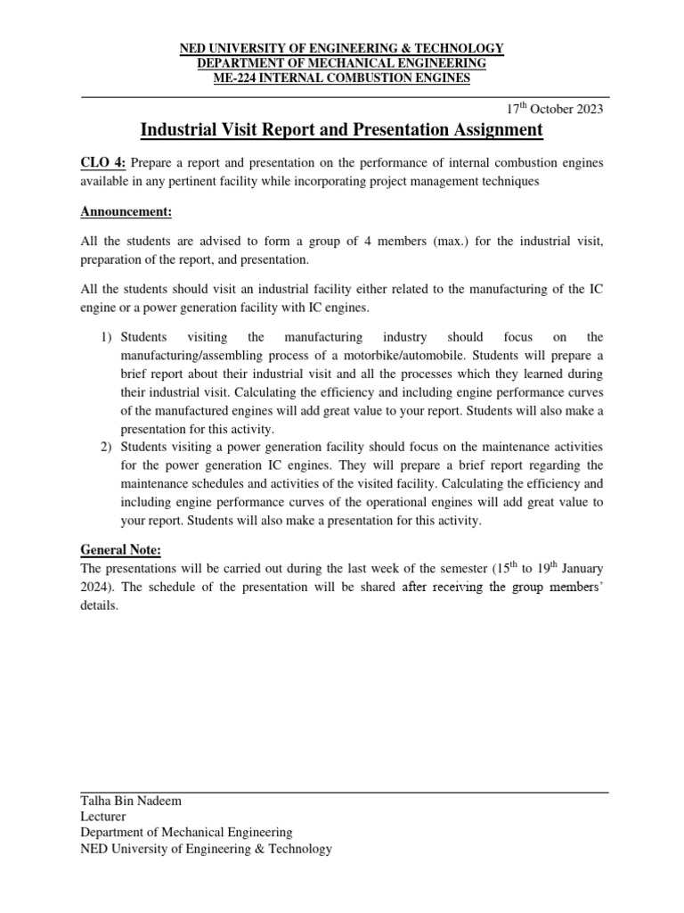 ME-224 ICE Industrial Visit Report Presentation Guidelines | PDF ...