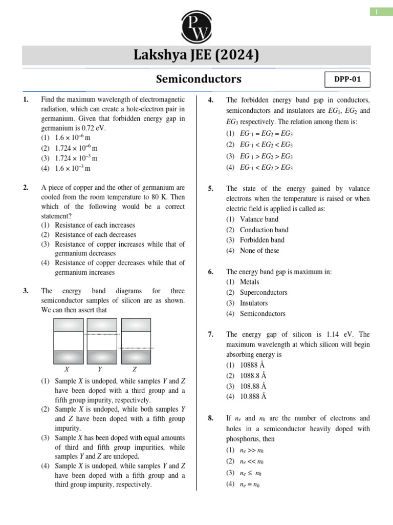 Semiconductors - DPP 01 (Of Lec 02) - Lakshya JEE 2024 | PDF