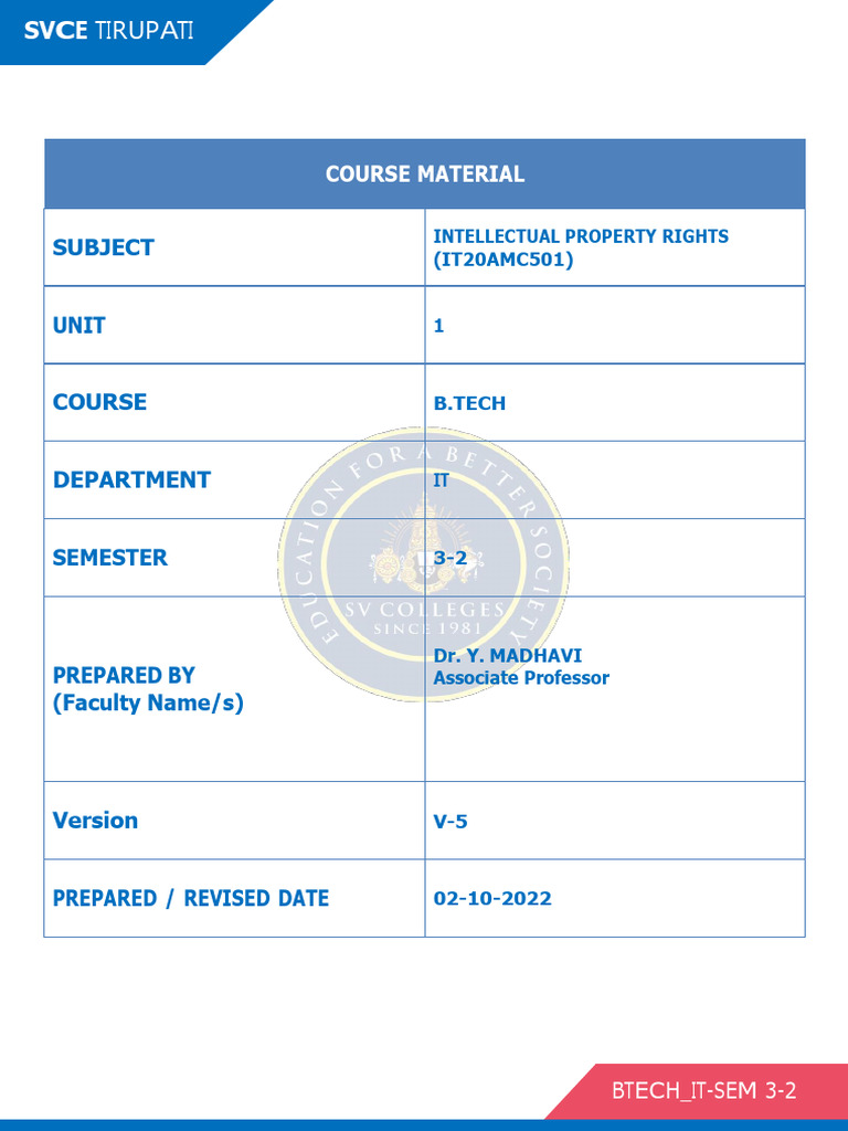 IPR Unit-I Course Material | PDF | Patent | Intellectual Property