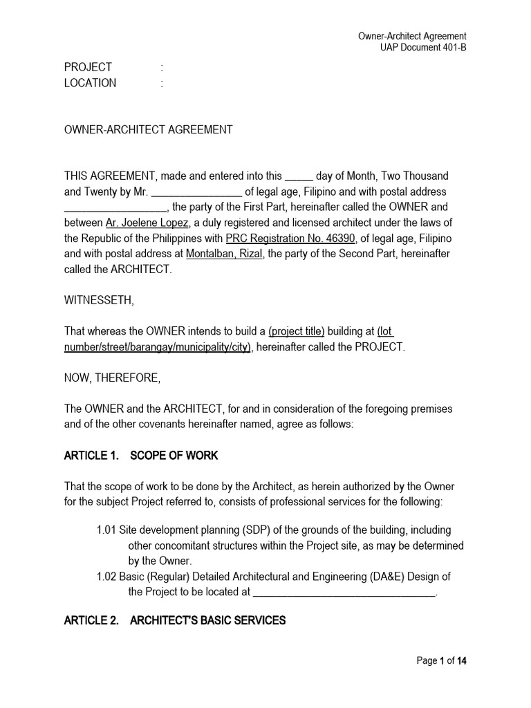 UAP Doc 401 B - Owner Architect Agreement | PDF | Architect | Specification (Technical Standard)