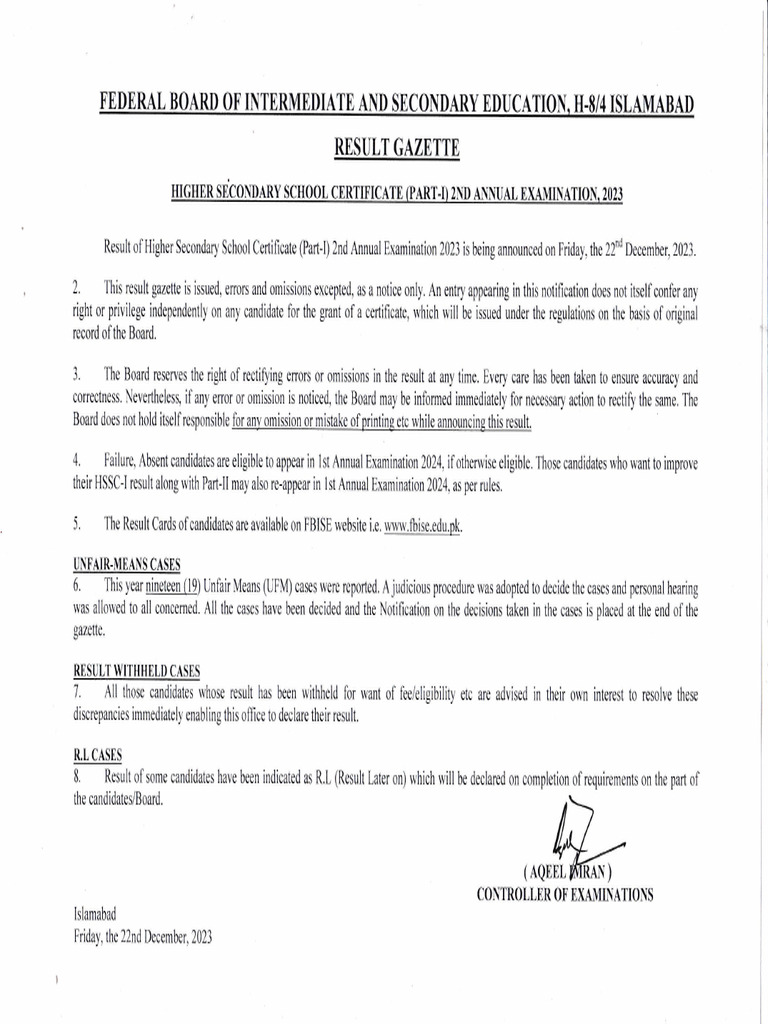 Result Gazette HSSC I 2nd A 2023 | PDF | Science